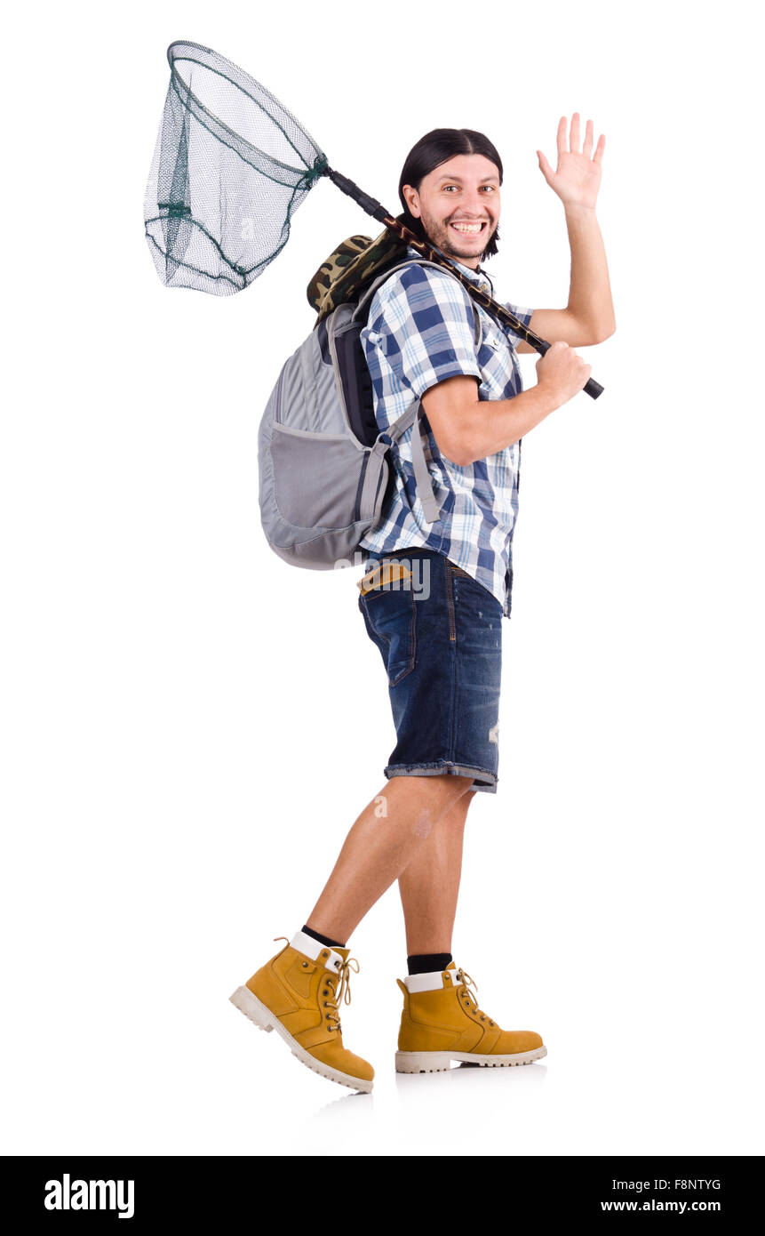 Man with catching net isolated on white Stock Photo - Alamy