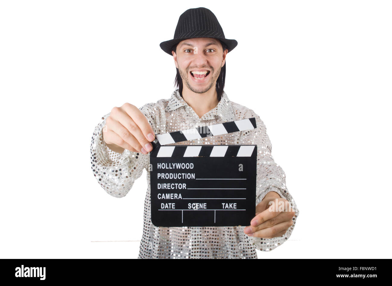 Man with movie clapperboard and hat Stock Photo - Alamy