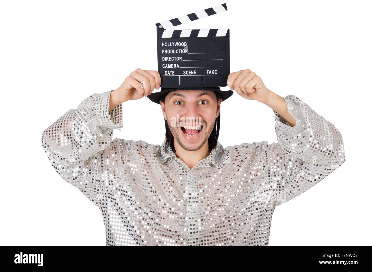 Man with movie clapperboard and hat Stock Photo - Alamy