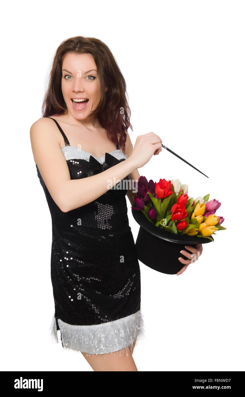 Woman magician isolated on the white Stock Photo - Alamy