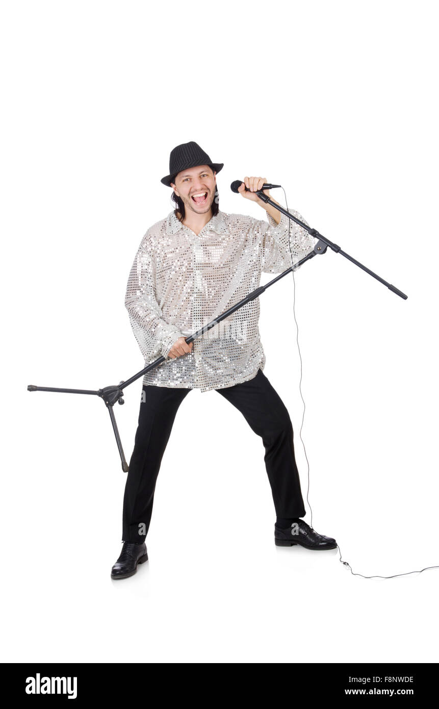 Man with mic isolated on white Stock Photo - Alamy