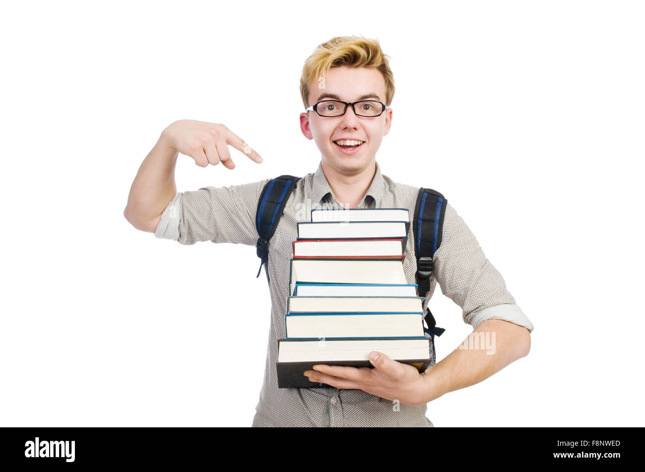 Funny student with stack of books Stock Photo - Alamy