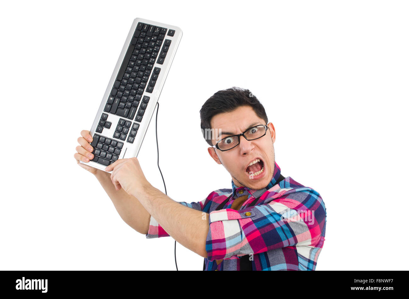 Computer nerd with keyboard isolated on white Stock Photo - Alamy