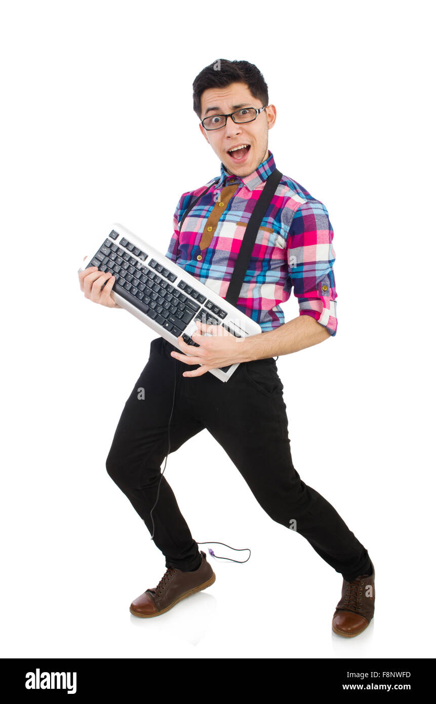 Computer nerd with keyboard isolated on white Stock Photo - Alamy