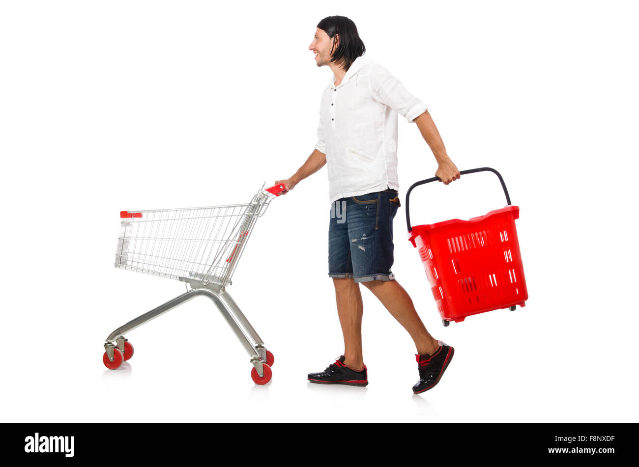 Man shopping with supermarket basket cart isolated on white Stock Photo ...