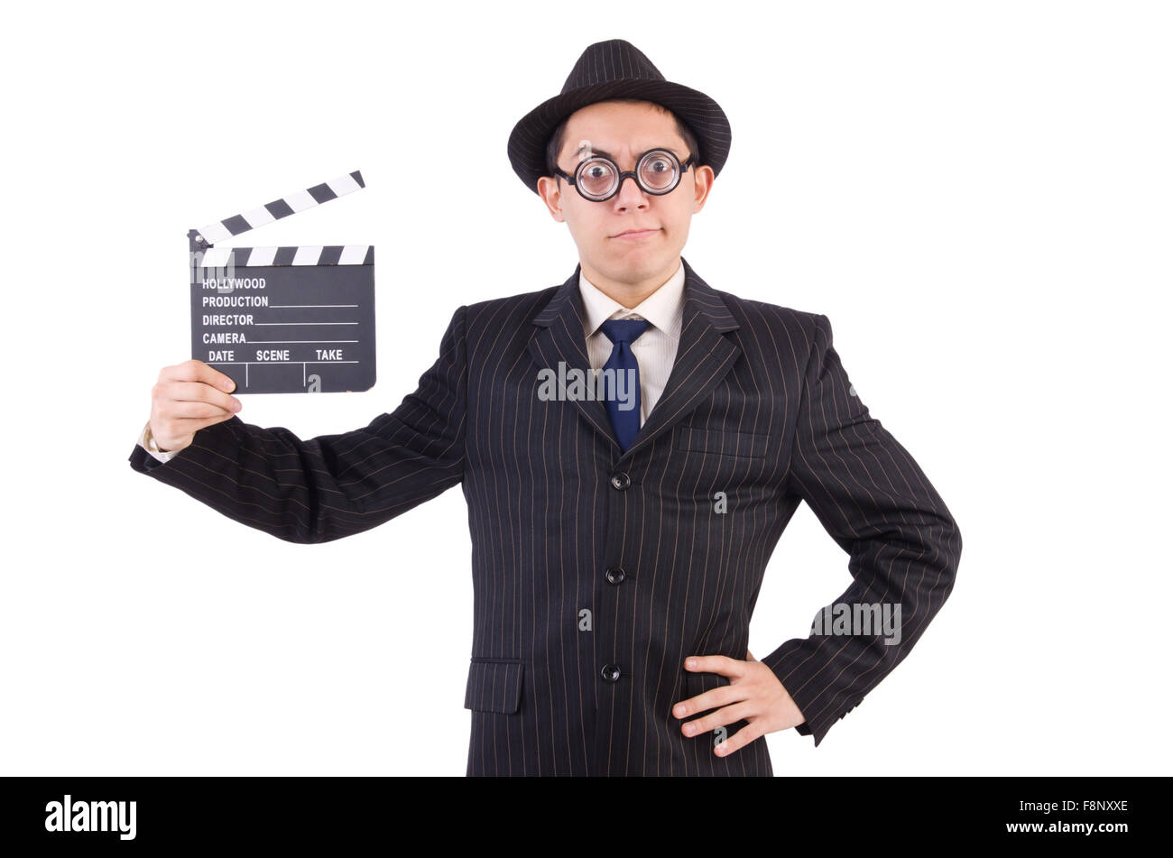 Funny man in elegant suit with movie clapboard isolated on white Stock ...