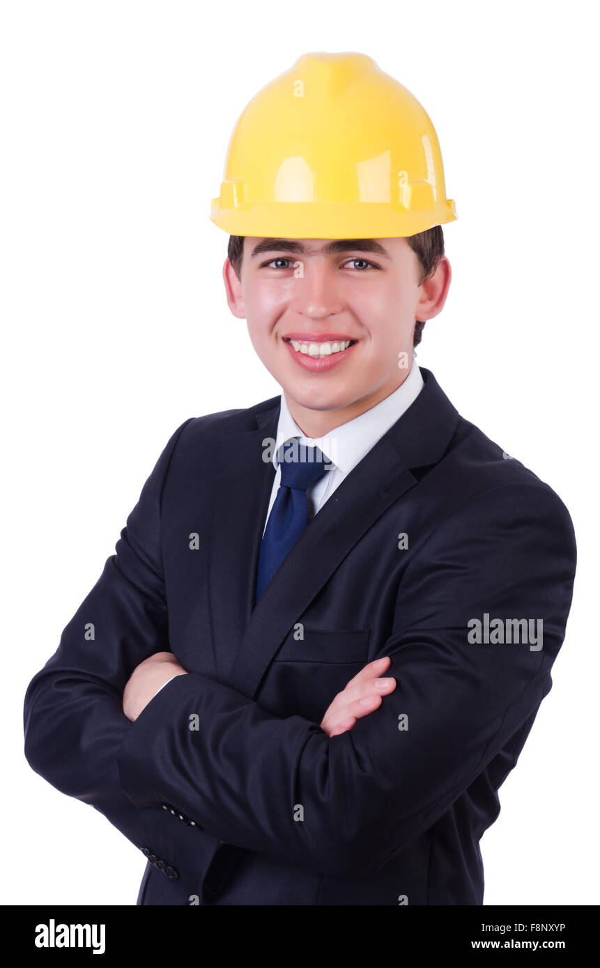 Man wearing hard hat isolated on white Stock Photo - Alamy