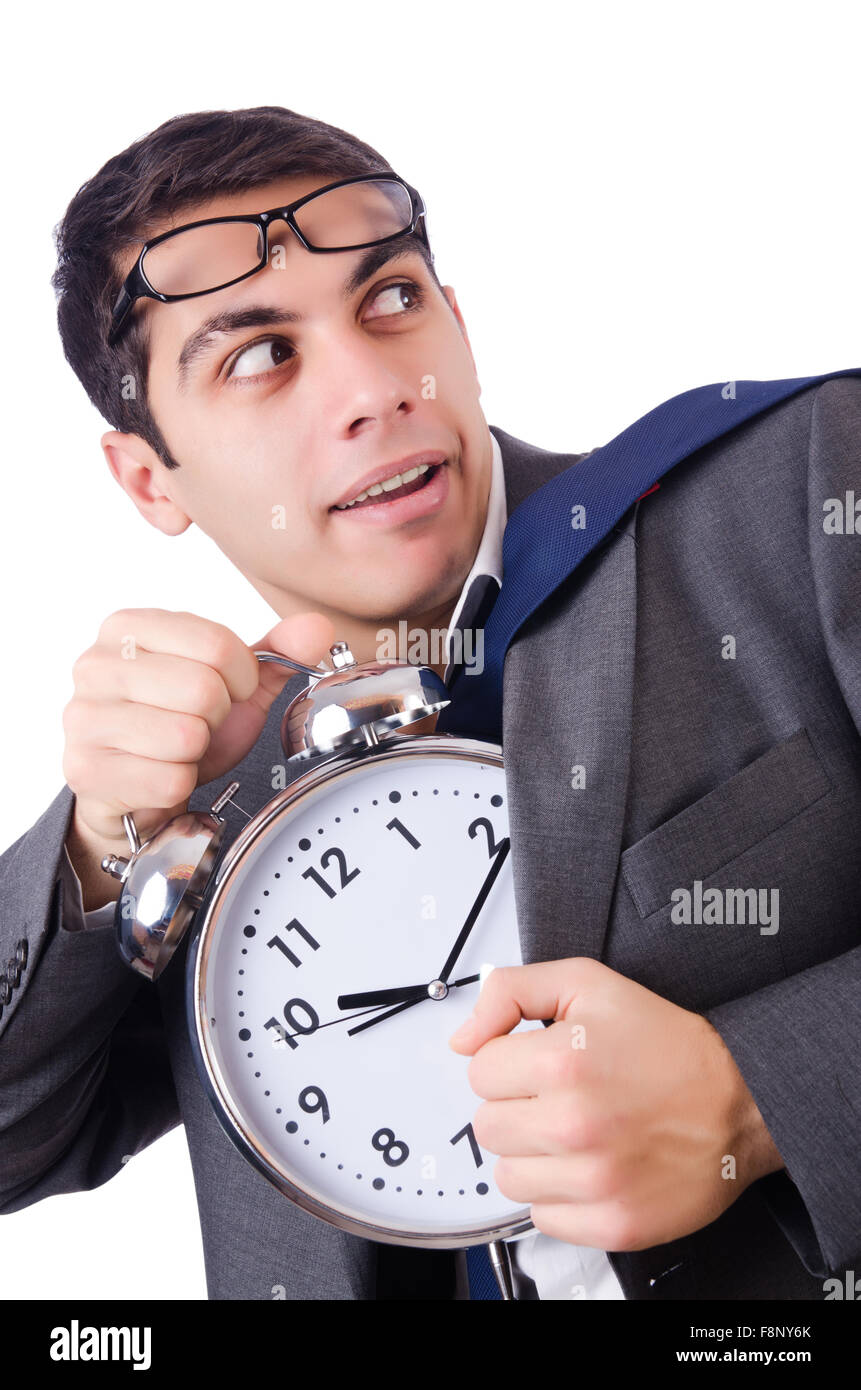 Man with clock afraid to miss deadline isolated on white Stock Photo ...