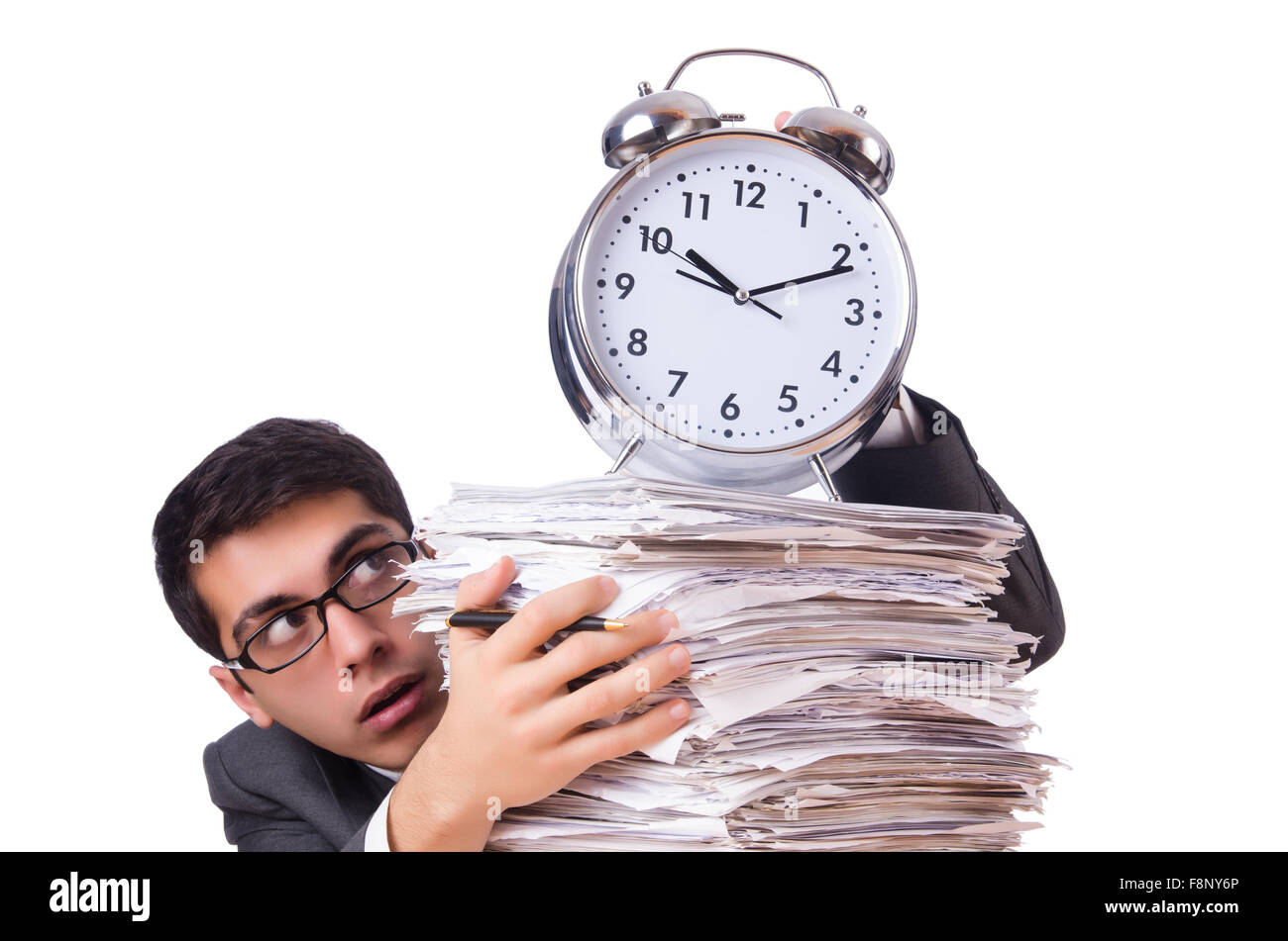 Busy man with stack of papers isolated on white Stock Photo - Alamy