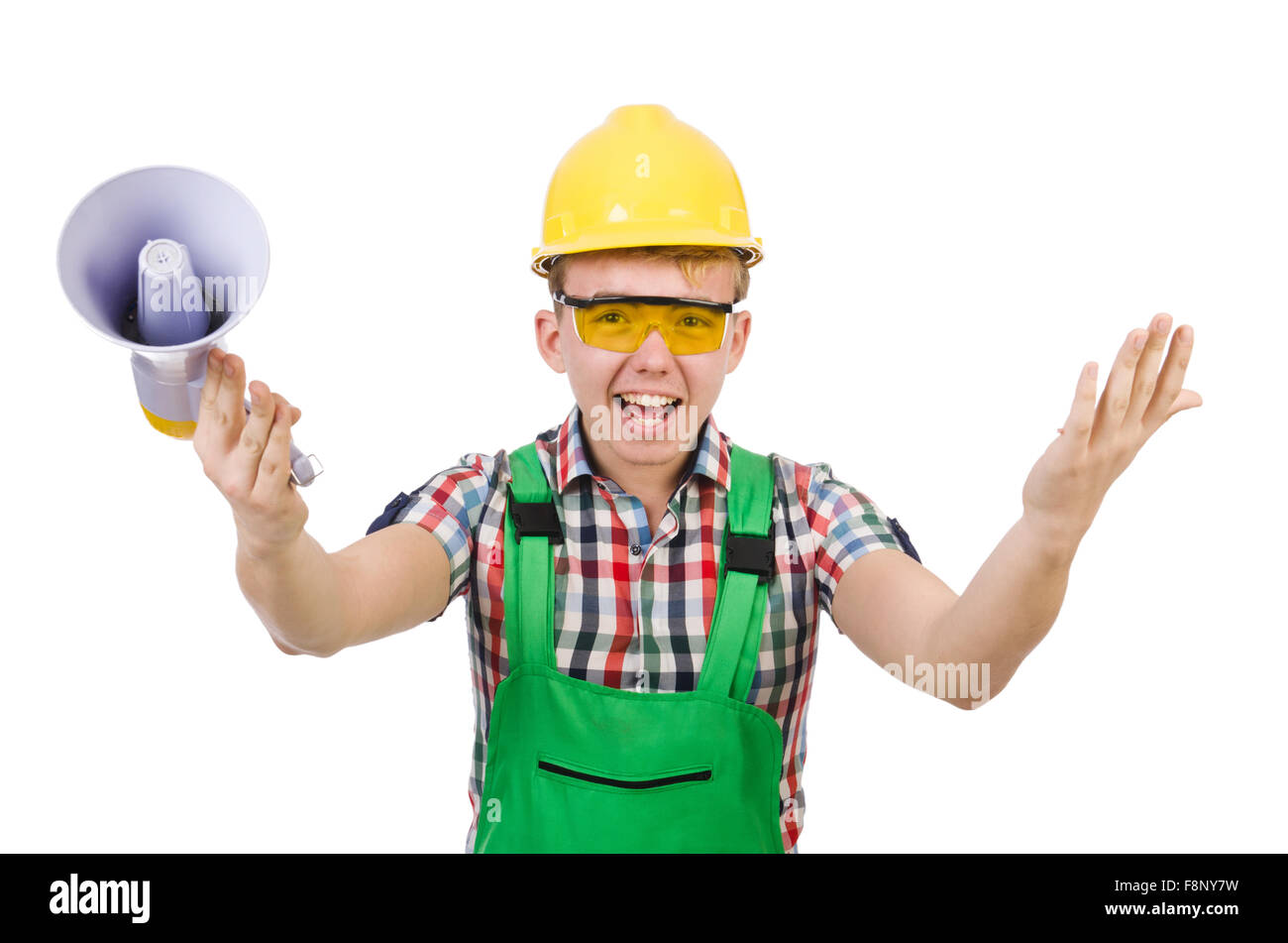 Funny construction worker with loudspeaker on white Stock Photo - Alamy