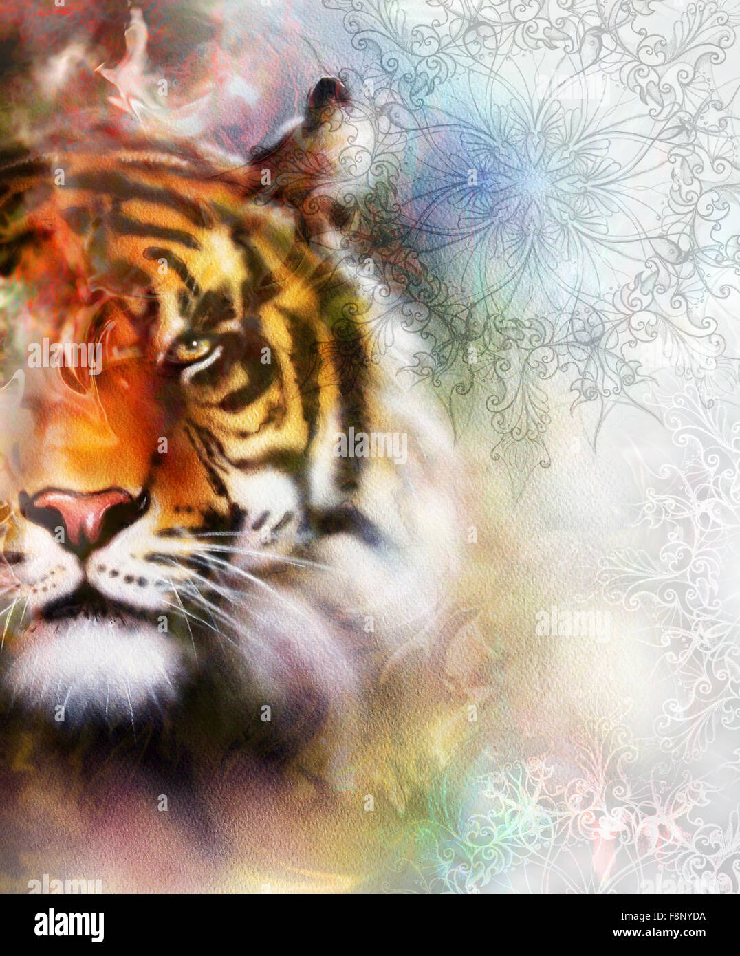 tiger collage on color abstract background and mandala with ornamet ...