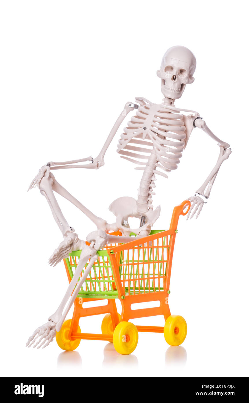 Skeleton with shopping cart trolley isolated on white Stock Photo - Alamy