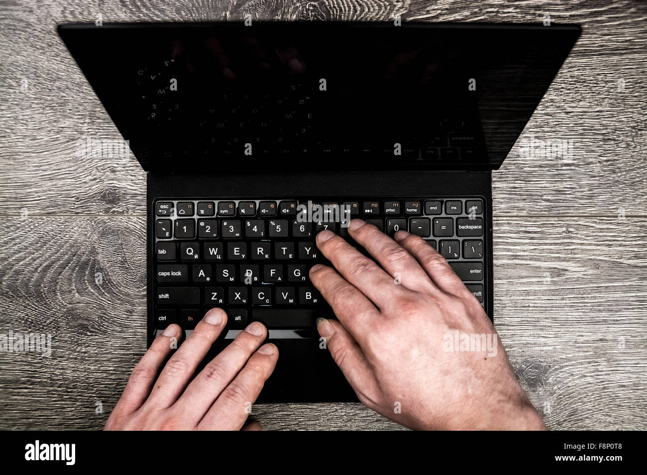 laptop with hands on wood Stock Photo - Alamy
