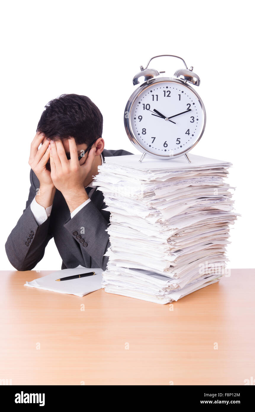 Busy man with stack of papers isolated on white Stock Photo - Alamy