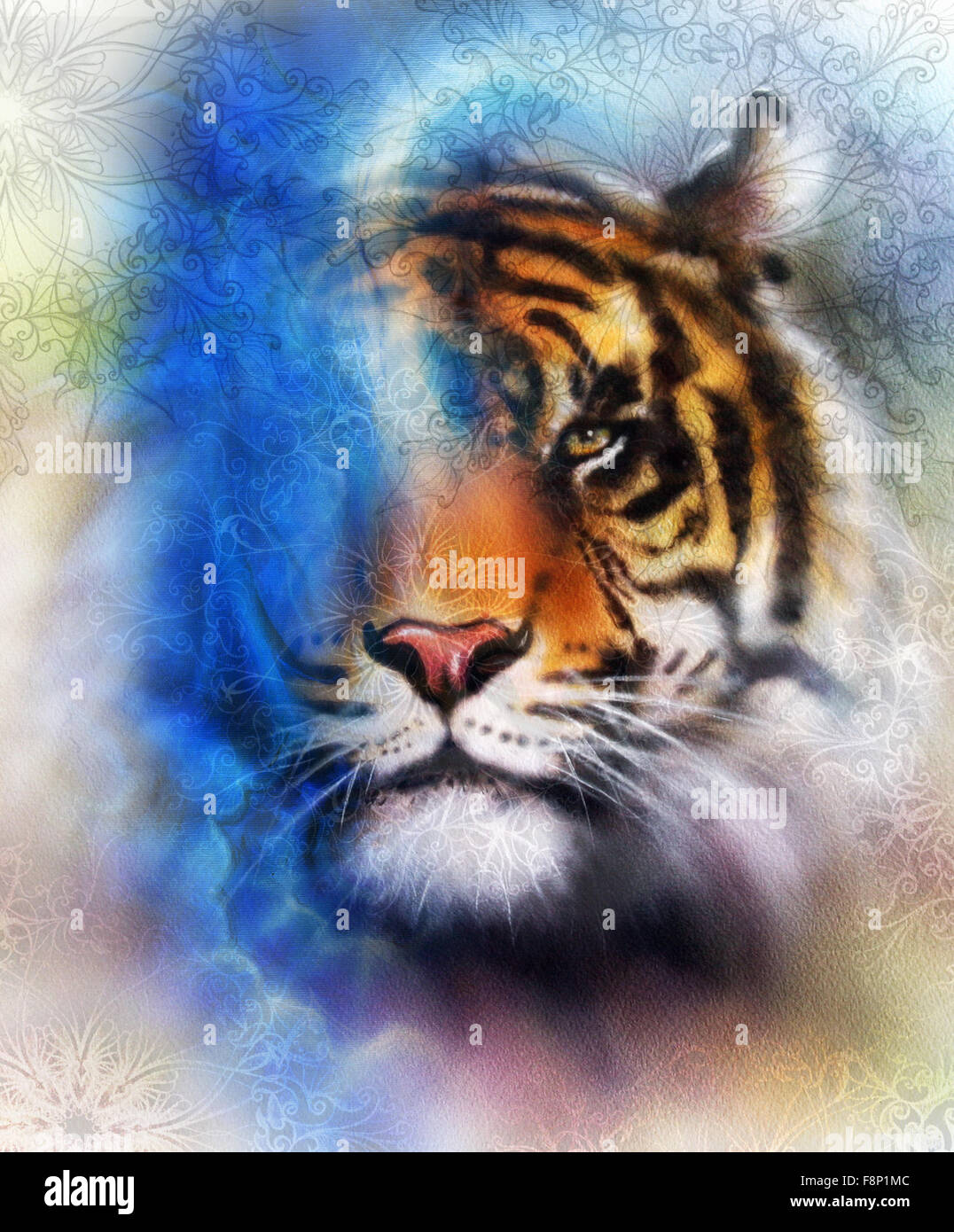tiger collage on color abstract background and mandala with ornament ...