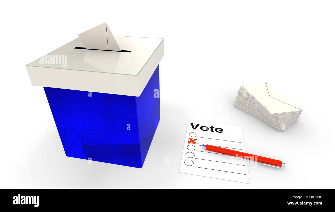 Blue ballot box with envelope, ballot paper and pen Stock Photo - Alamy