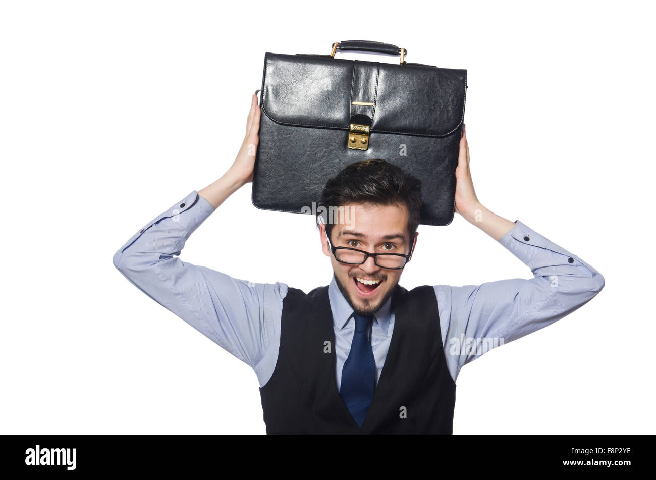 Funny businessman with briefcase isolated on white Stock Photo - Alamy