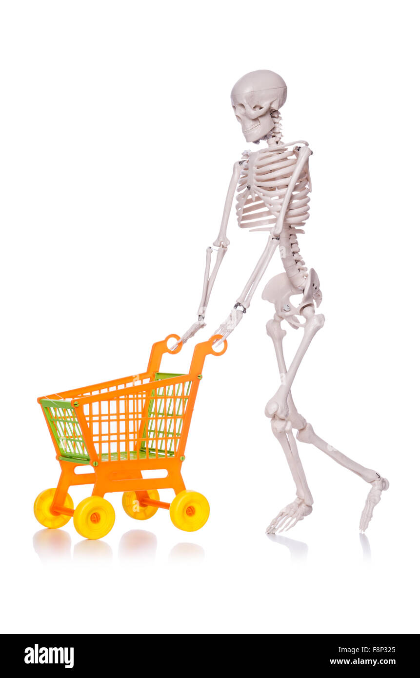Skeleton with shopping cart trolley isolated on white Stock Photo - Alamy