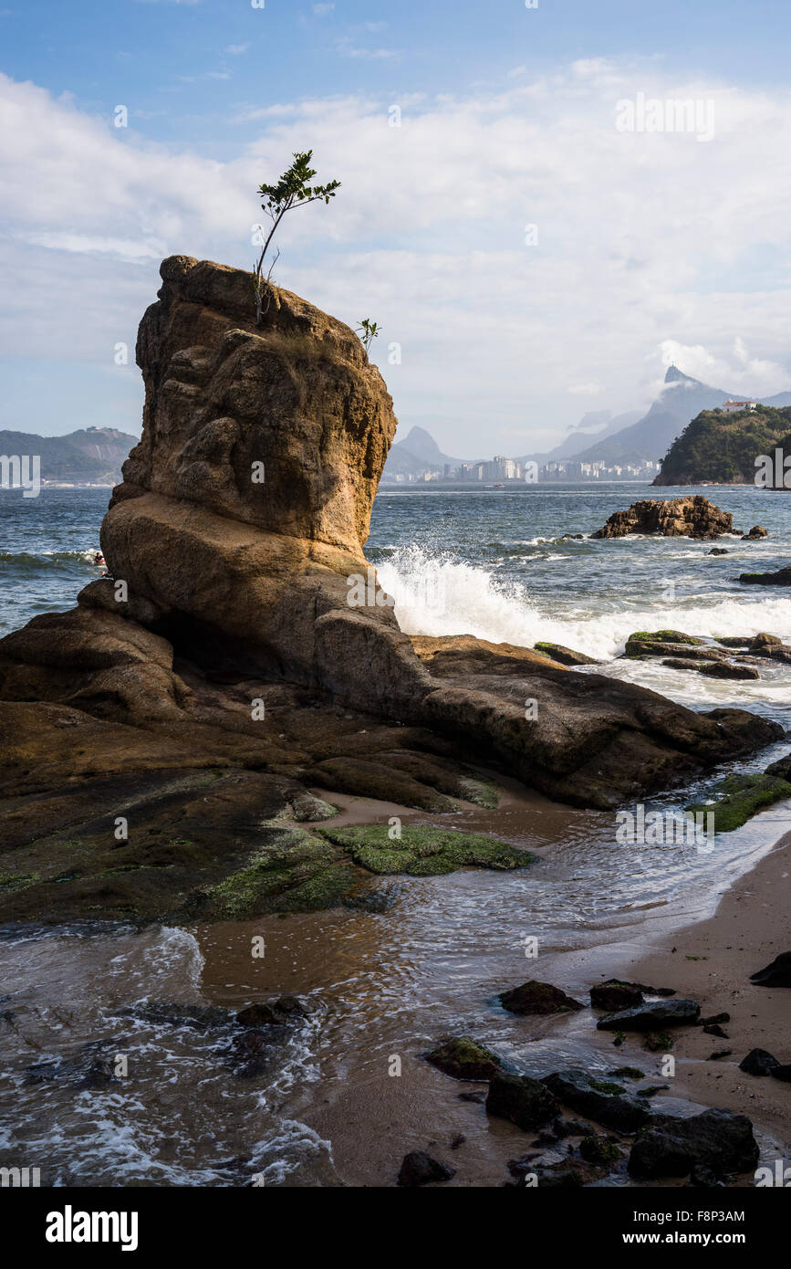 Sea rocks and view of Rio mountains from Niteroi, Rio de Janeiro ...