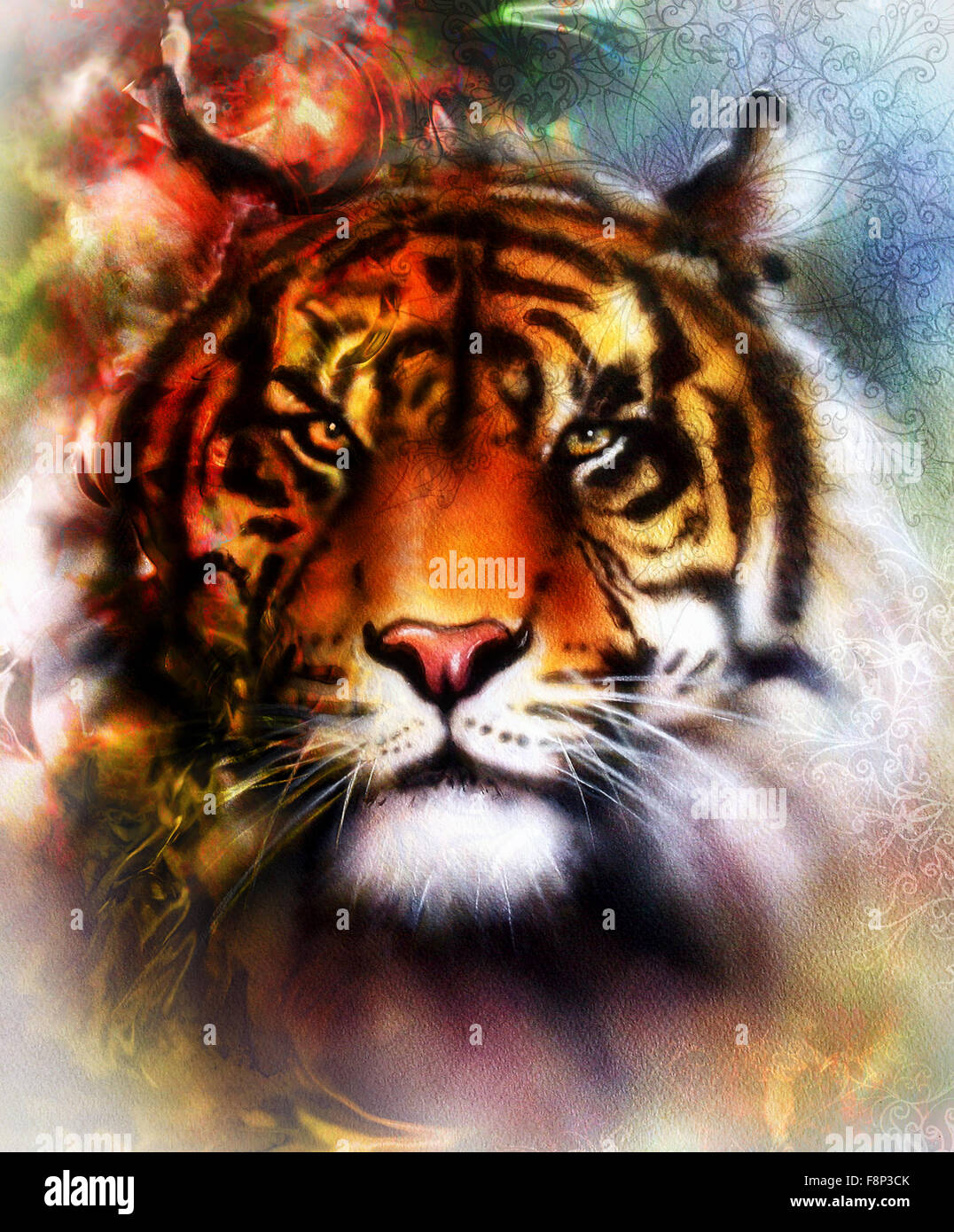 tiger collage on color abstract background and mandala with ornamet ...