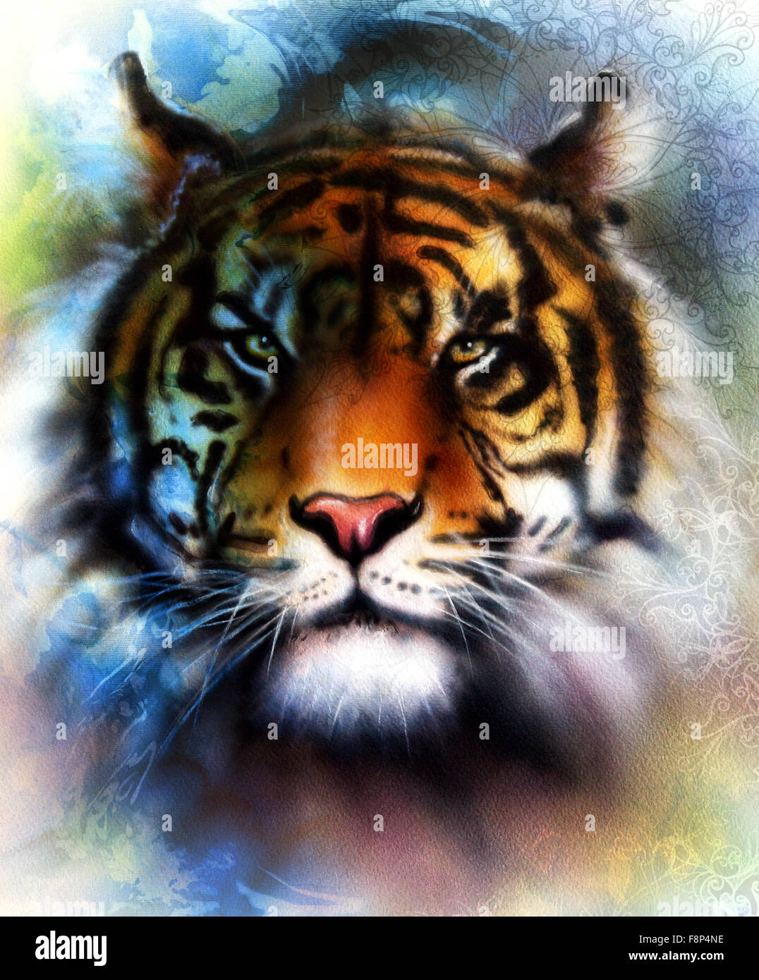 tiger collage on color abstract background and mandala with ornamet ...