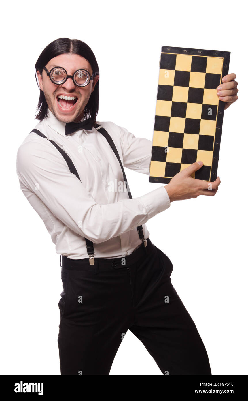 Nerd chess player isolated on white Stock Photo - Alamy
