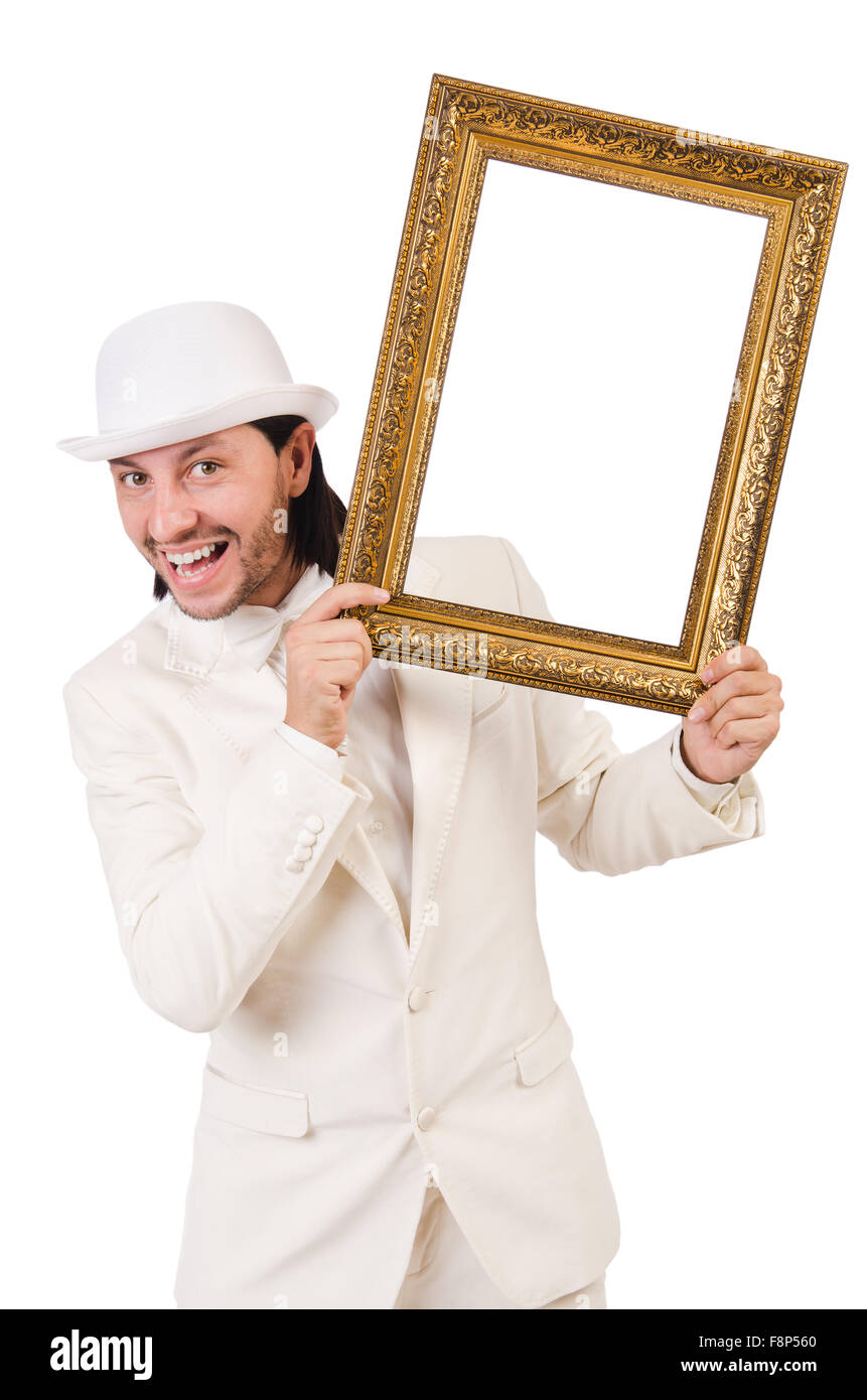 Man in white costume with picture frame Stock Photo - Alamy