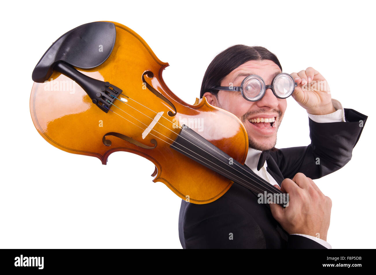 Funny man with music instrument on white Stock Photo - Alamy