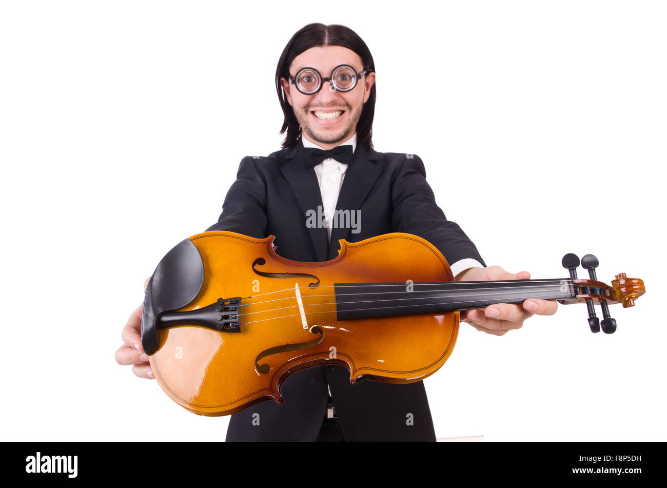 Funny man with music instrument on white Stock Photo - Alamy