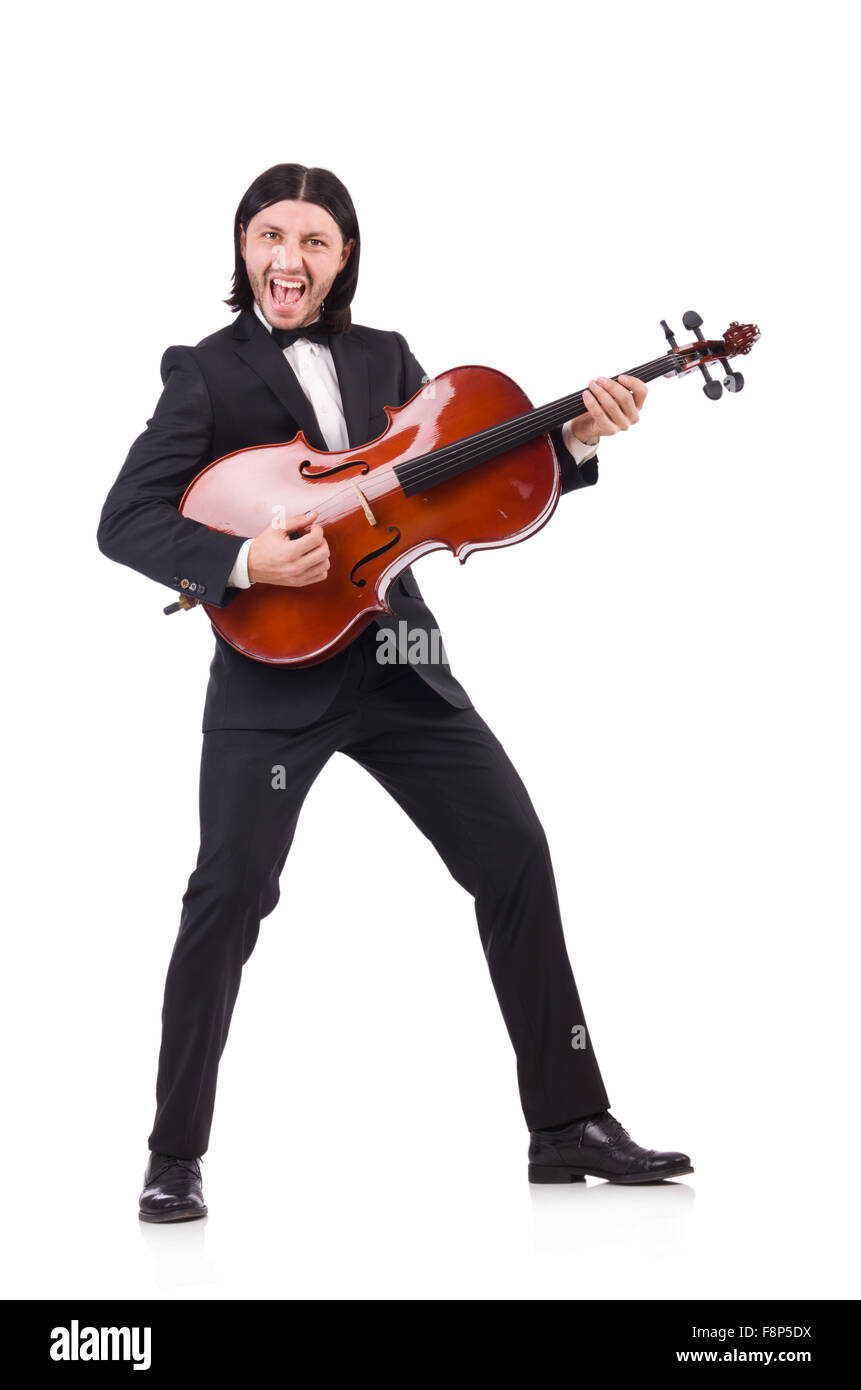 Funny man with music instrument on white Stock Photo - Alamy