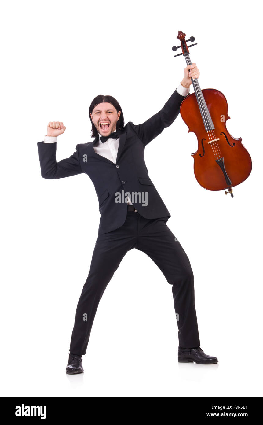 Funny man with music instrument on white Stock Photo - Alamy