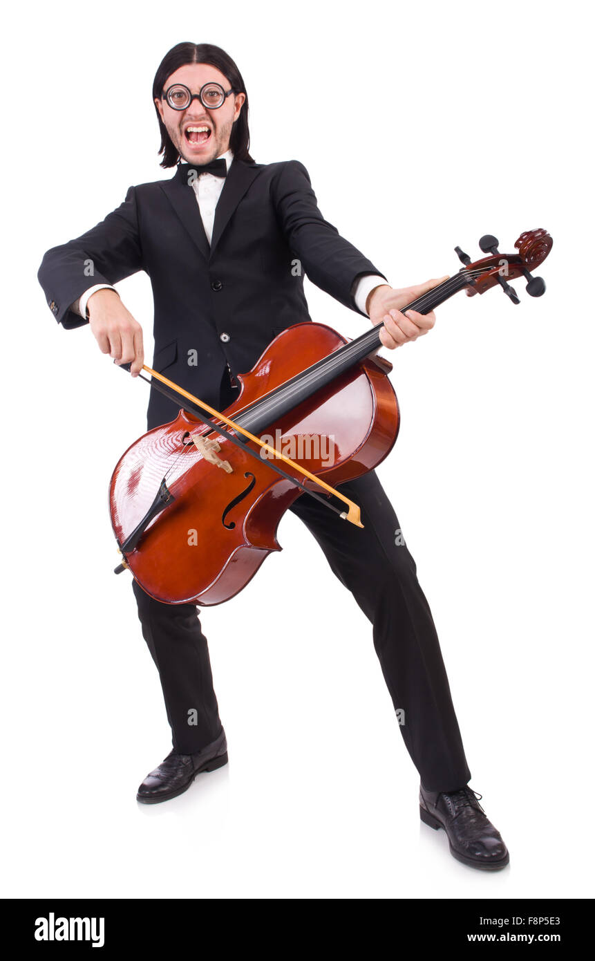 Funny man with music instrument on white Stock Photo - Alamy