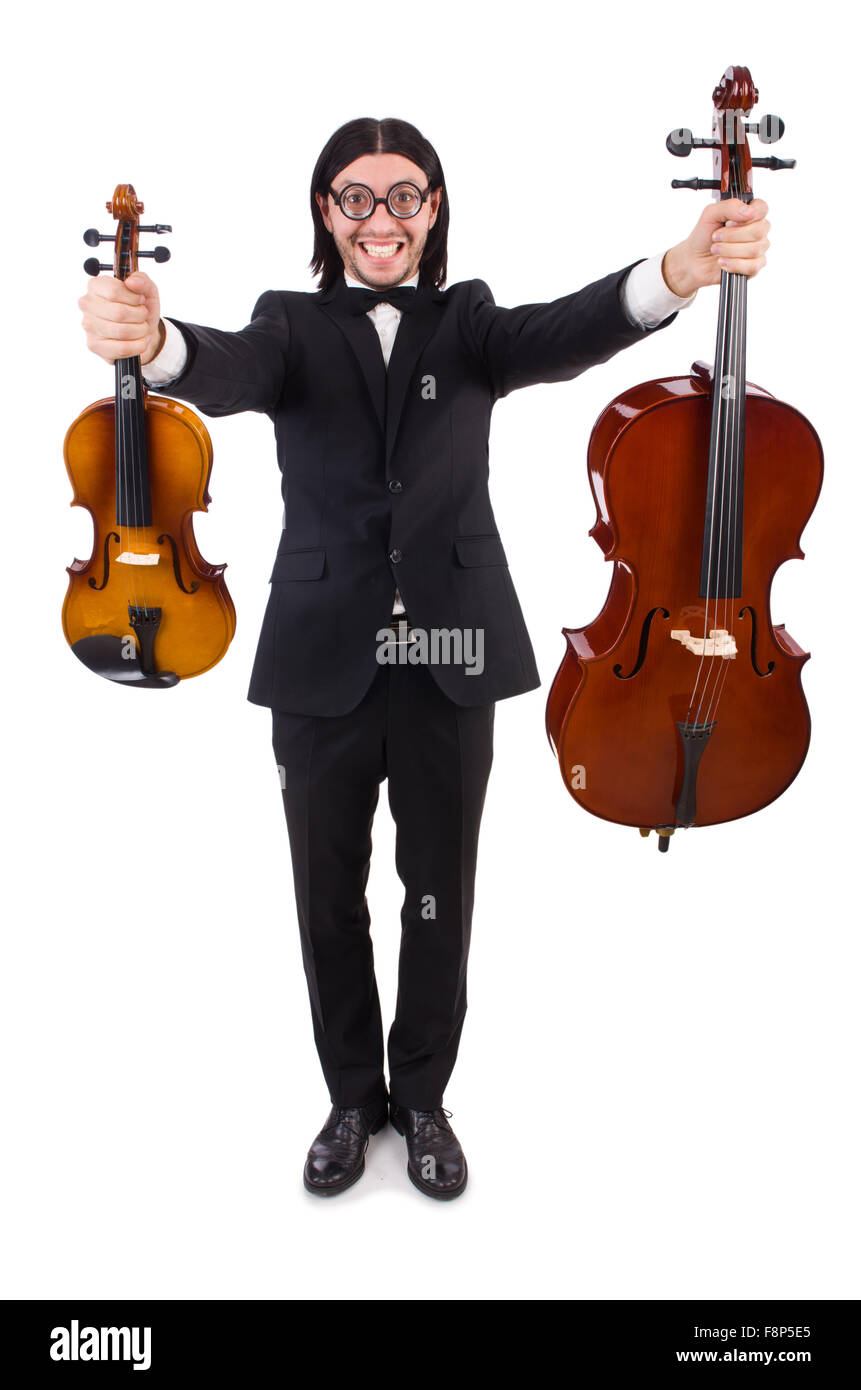 Funny man with music instrument on white Stock Photo - Alamy