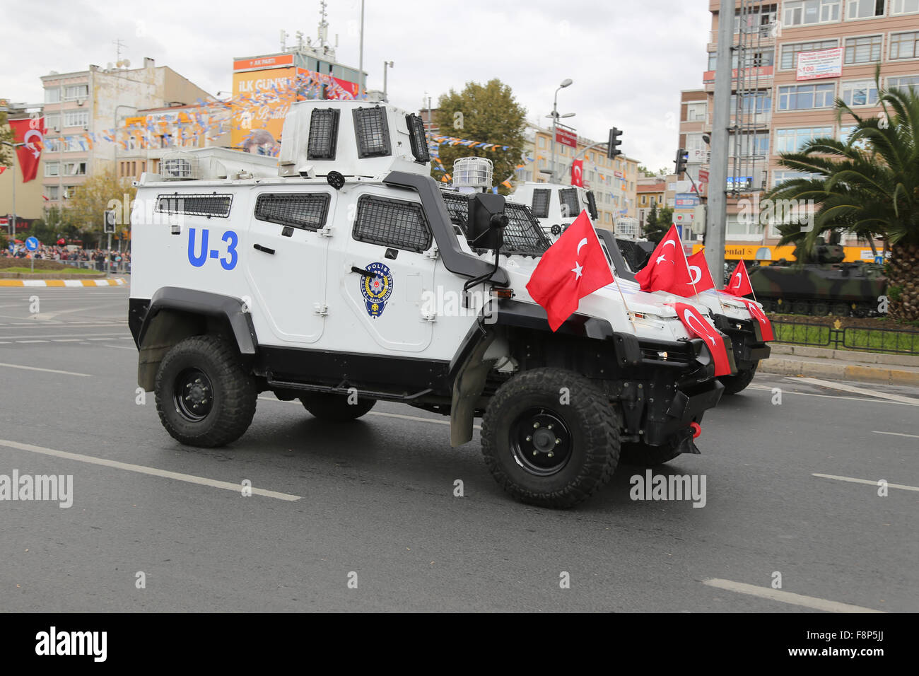 Police vehicle in Vatan Avenue during 29 October Republic Day ...