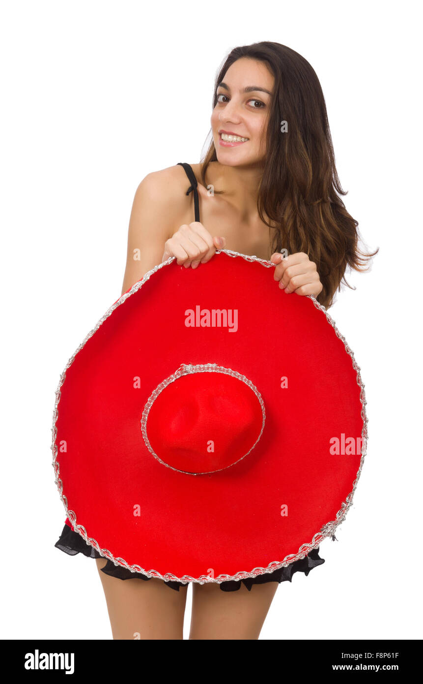 Woman wearing red sombrero isolated on white Stock Photo - Alamy
