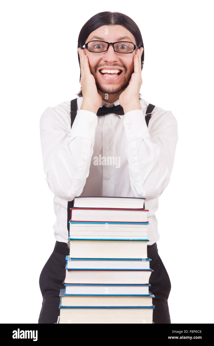 Funny student with books isolated on white Stock Photo - Alamy