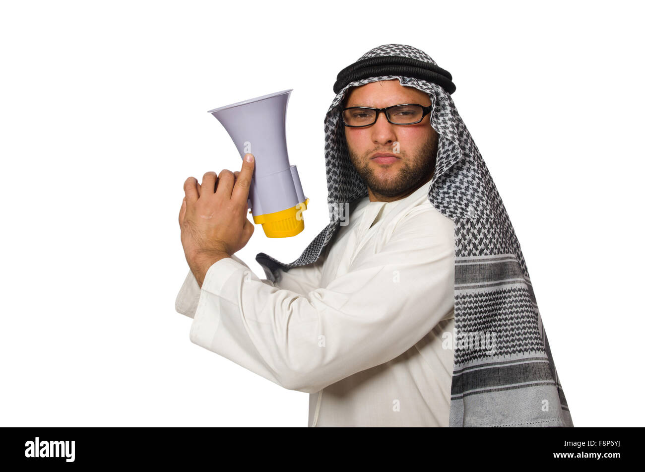 Arab man with loudspeaker isolated on white Stock Photo - Alamy