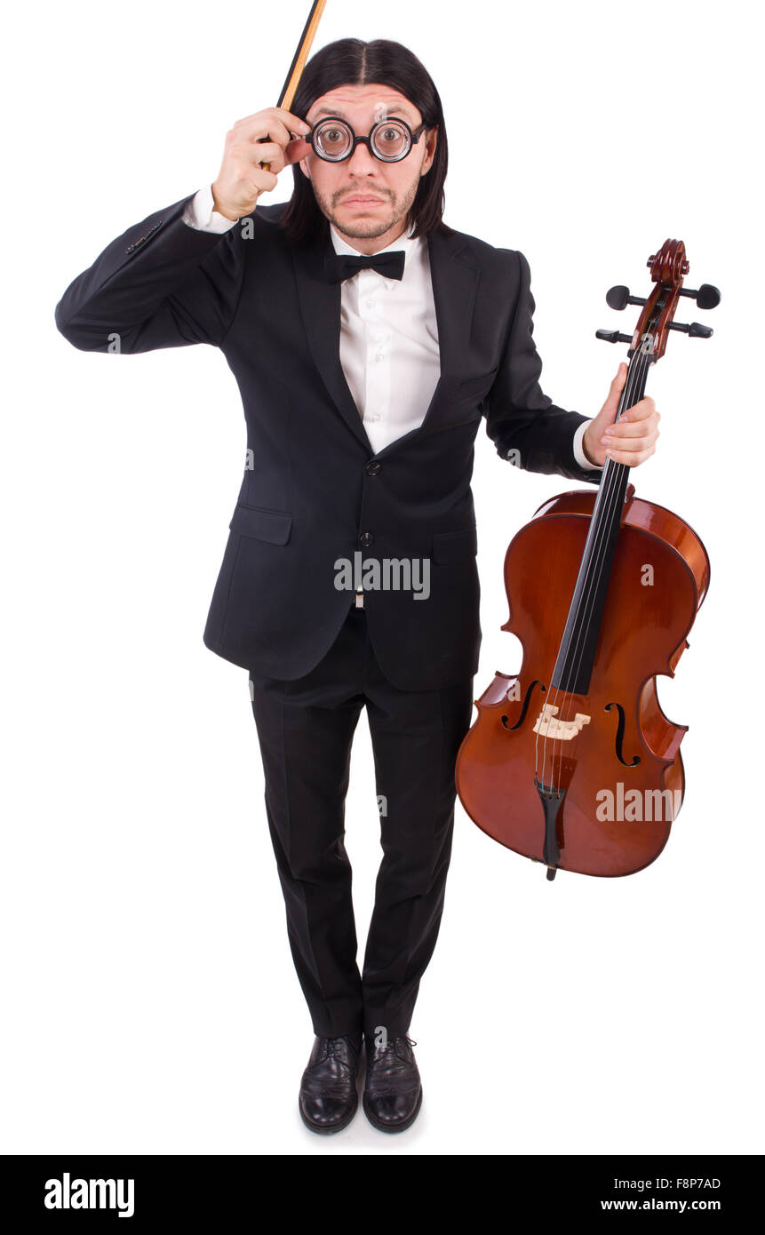 Funny man with music instrument on white Stock Photo - Alamy