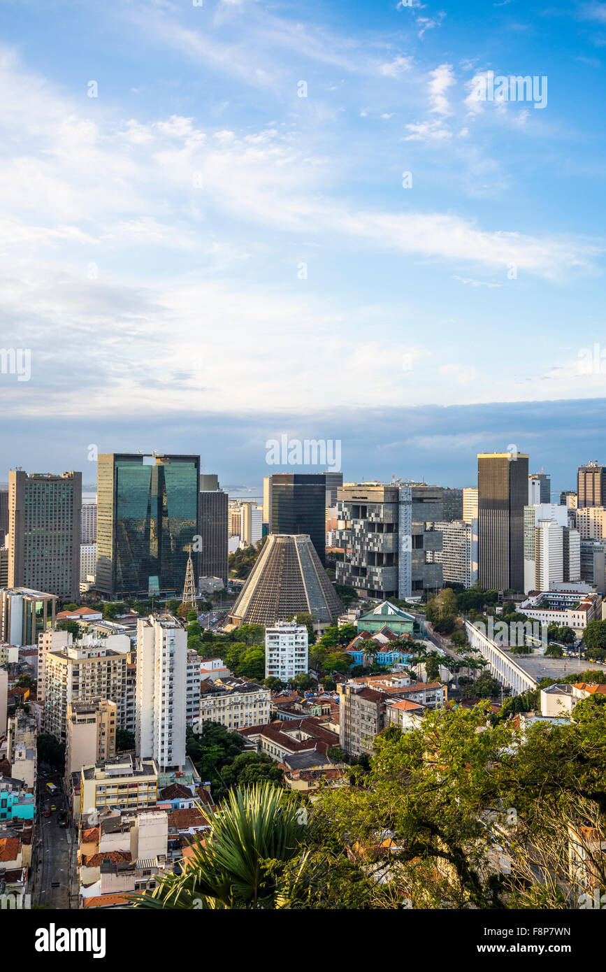 View of Rio city centre including the Cathedral from Parque das Ruínas ...