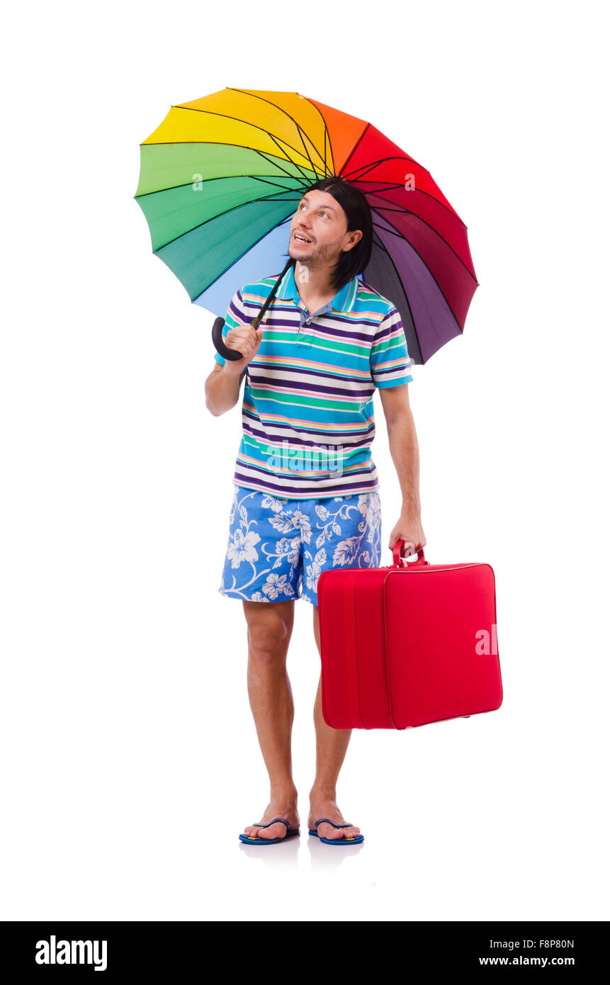 Traveler with red case and umbrella isolated on white Stock Photo - Alamy