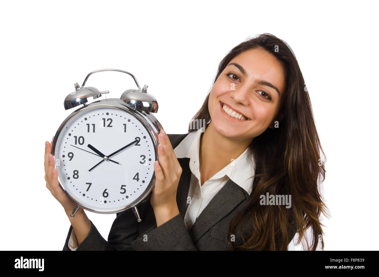 Businesswoman with clock missing her deadlines Stock Photo - Alamy