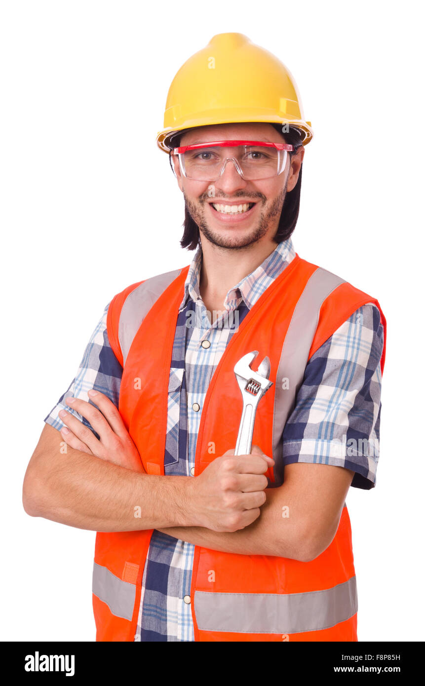 Foreman with spanner isolated on white Stock Photo - Alamy