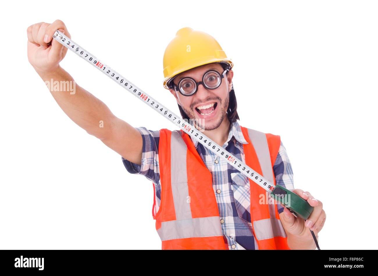 Funny constructon worker with tape-line isolated on white Stock Photo ...