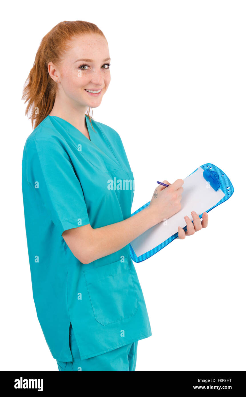 Careful nurse isolated on white Stock Photo - Alamy