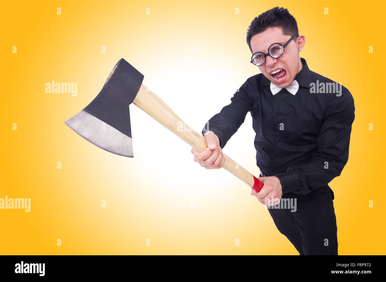 Funny man with axe on white Stock Photo - Alamy