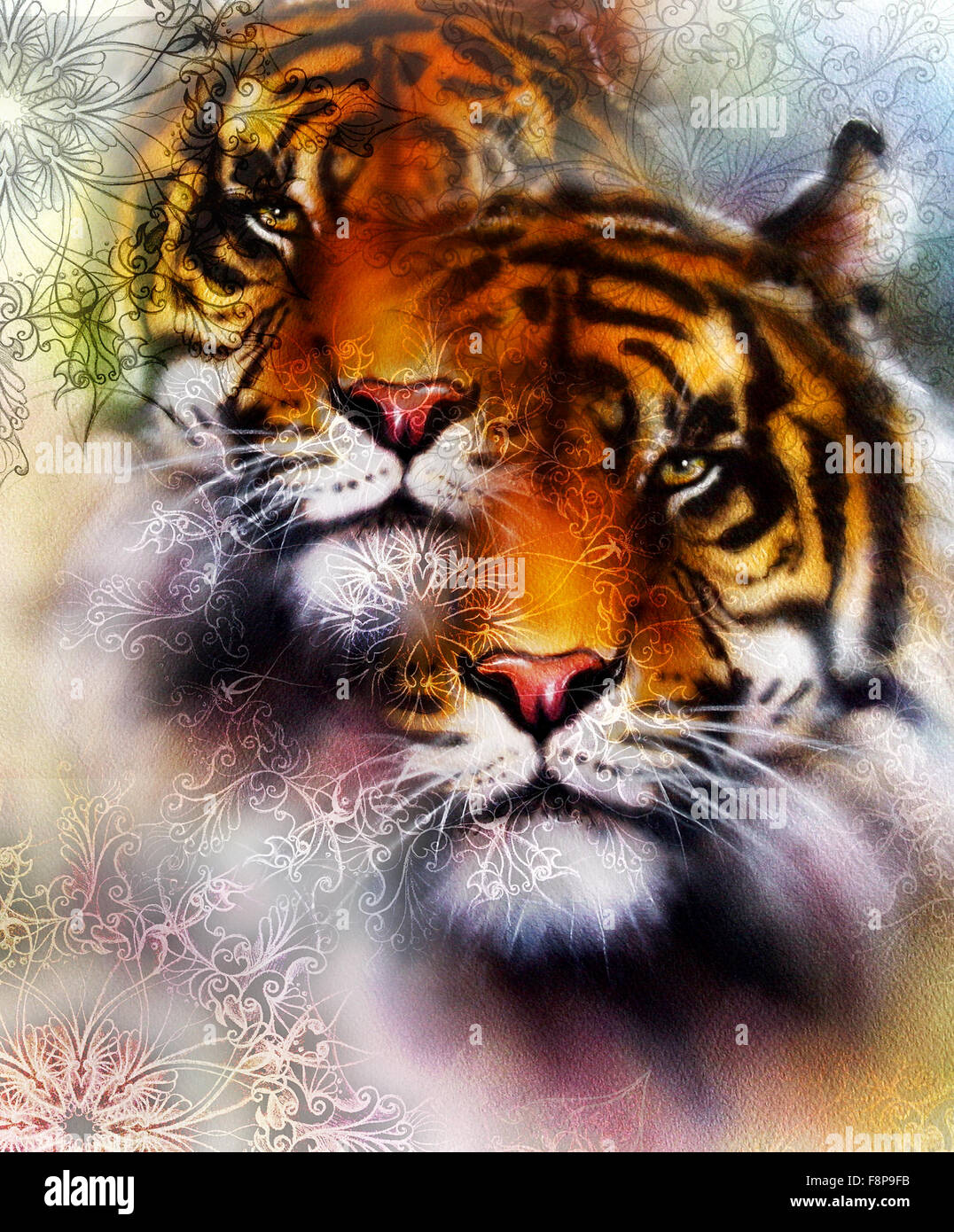 tiger collage on color abstract background and mandala with ornamet ...