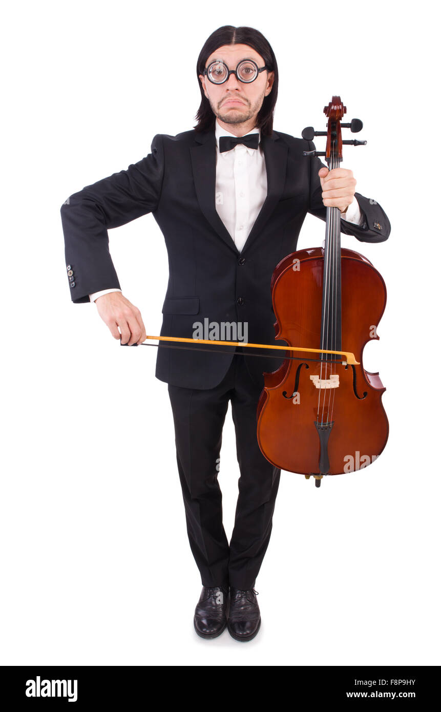 Funny man with music instrument on white Stock Photo - Alamy