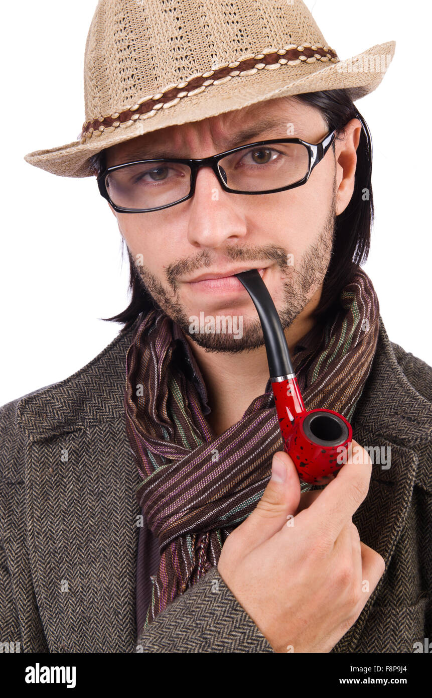 Young detective with pipe isolated on white Stock Photo - Alamy
