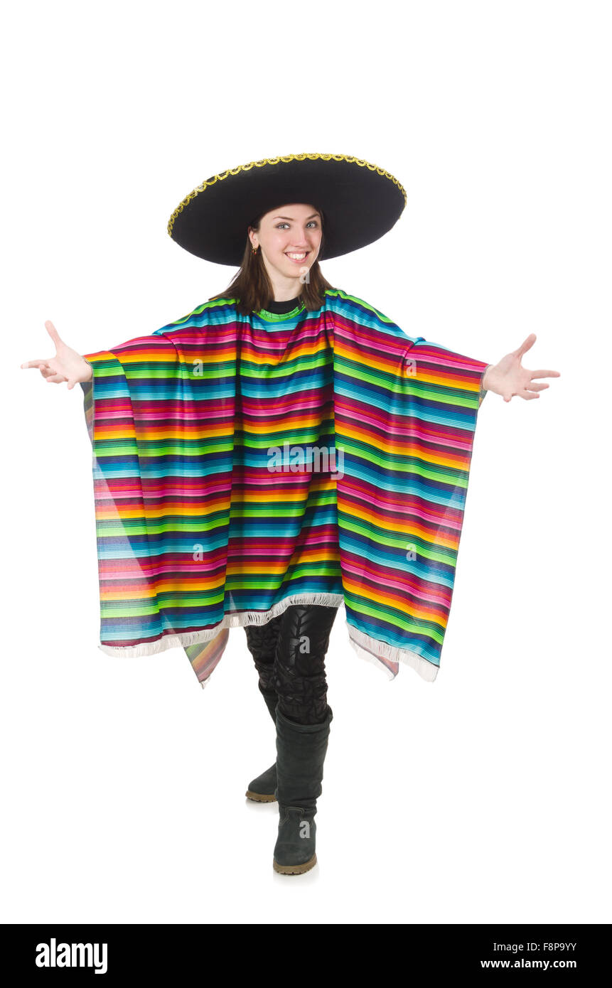 Pretty mexican girl in vivid poncho isolated on white Stock Photo - Alamy
