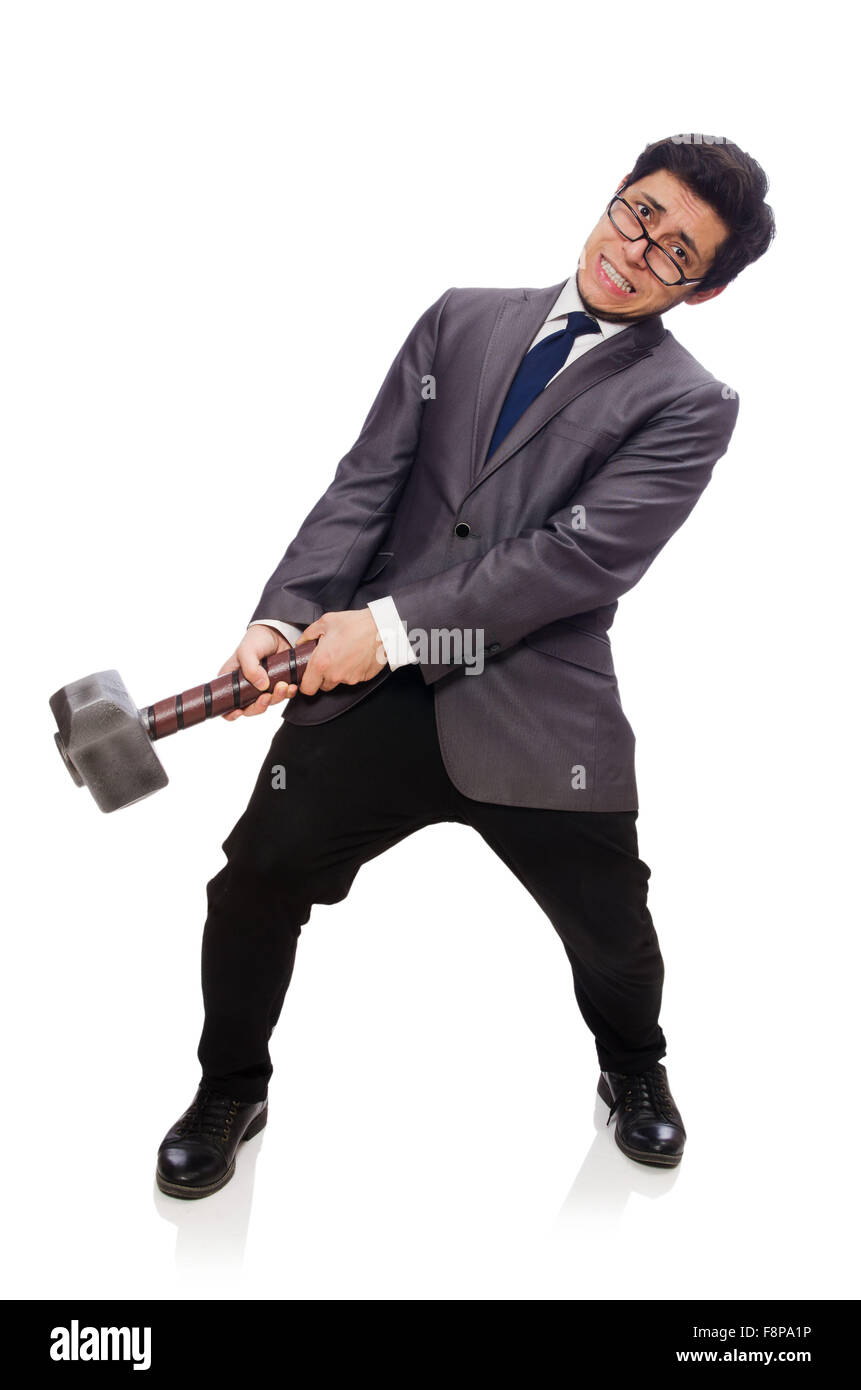 Business man holding hammer isolated on white Stock Photo - Alamy